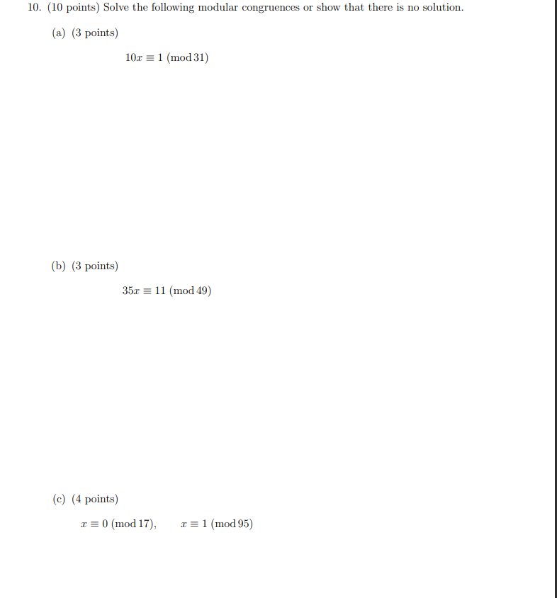 Solved 10. (10 points) Solve the following modular | Chegg.com