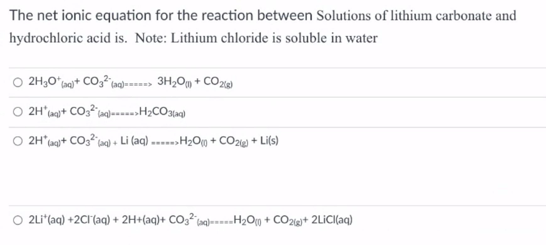 Solved The net ionic equation for the reaction between | Chegg.com