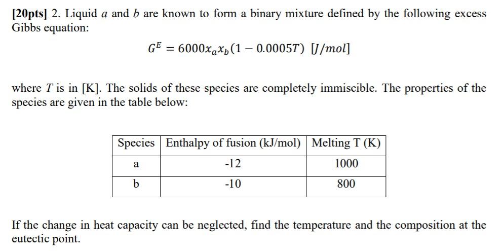 Solved [20pts] 2. Liquid a and b are known to form a binary | Chegg.com