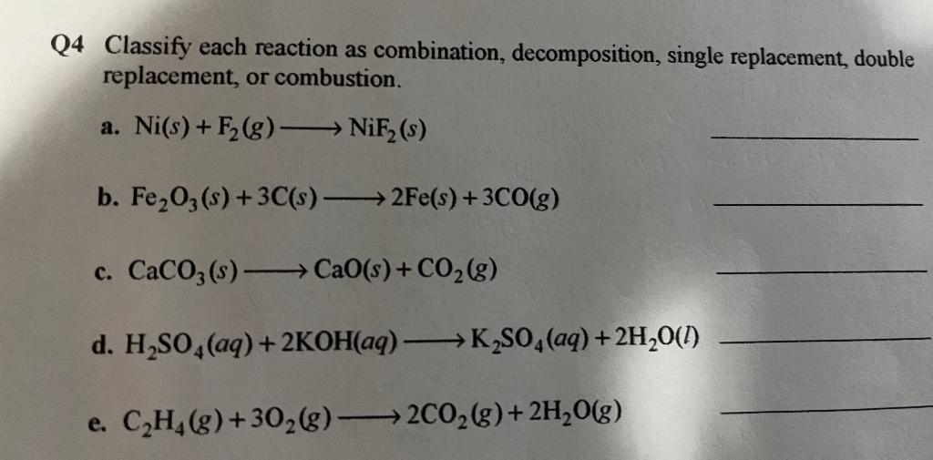 Solved Q4 Classify each reaction as combination, | Chegg.com