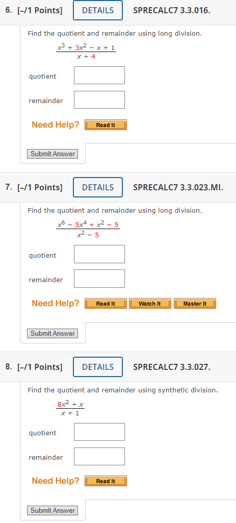 Solved Find the quotient and remainder using long division. | Chegg.com