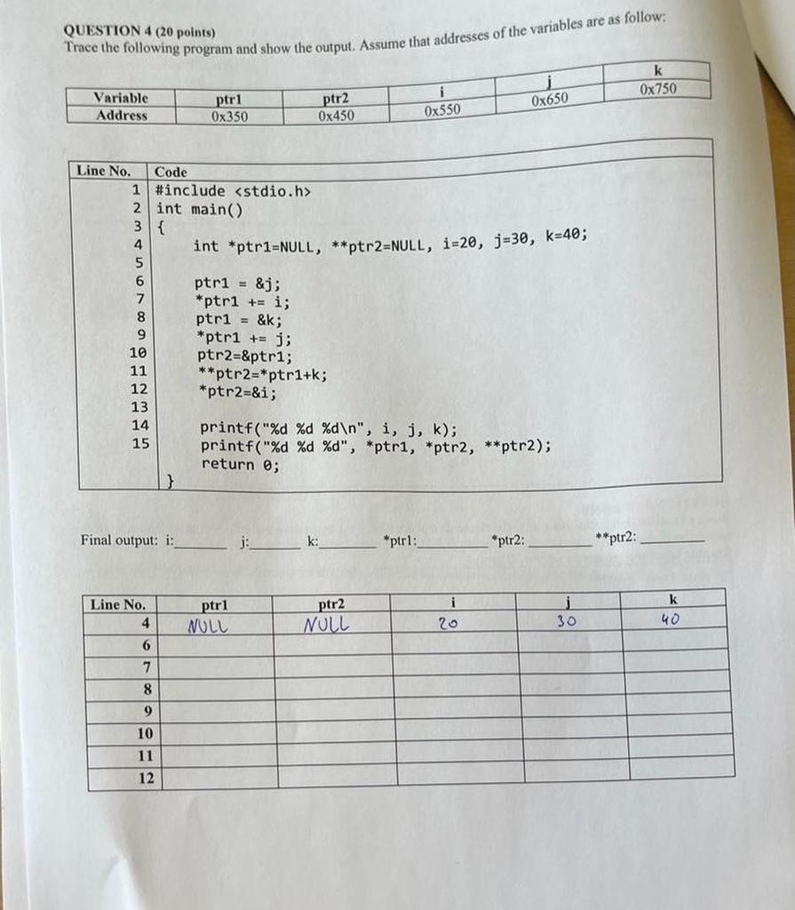 Solved QUESTION 4 (20 points) Trace the following program | Chegg.com