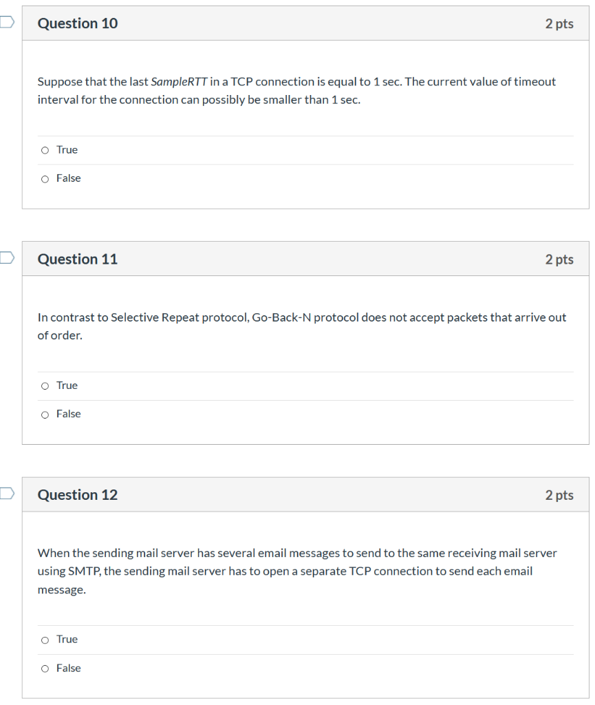 Question 10 2 pts Suppose that the last SampleRTT in | Chegg.com