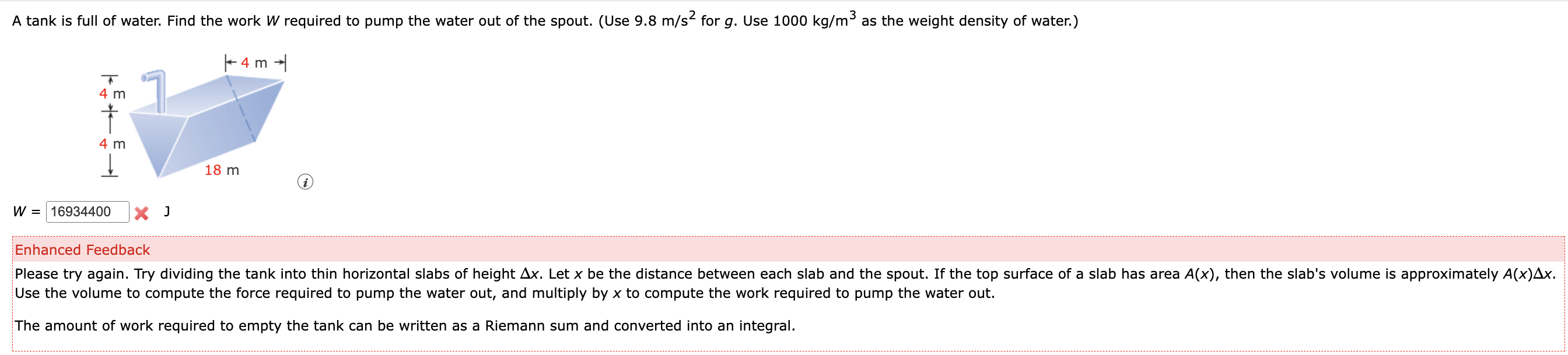 Solved A tank is full of water. Find the work W ﻿required to | Chegg.com
