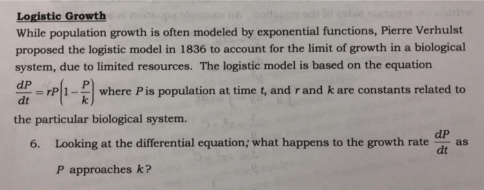 Solved Logistic Growth While population growth is often | Chegg.com
