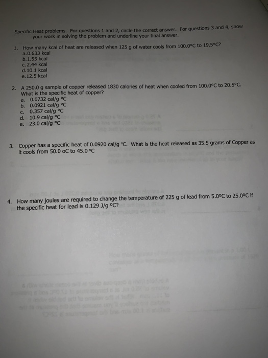 Solved Specific Heat problems. For questions 1 and 2, circle | Chegg.com