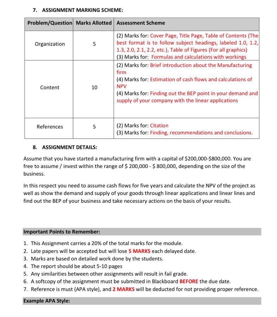 7. ASSIGNMENT MARKING SCHEME: Problem/Question Marks | Chegg.com