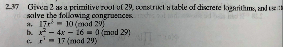 Solved 2.37 Given 2 as a primitive root of 29, construct a | Chegg.com