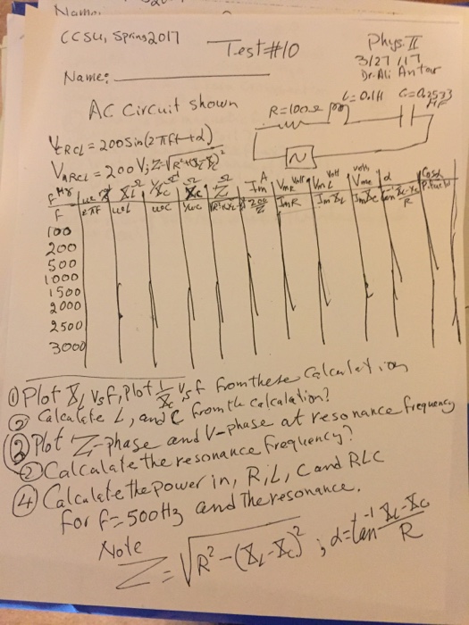 Solved Navn,,, Phys Lost-flo 25/21 Dr. Ali Anter Nawie. AC | Chegg.com