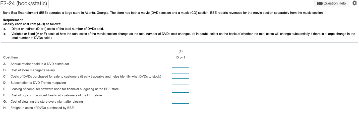 Solved E2-24 (book/static) Question Help Band Box | Chegg.com