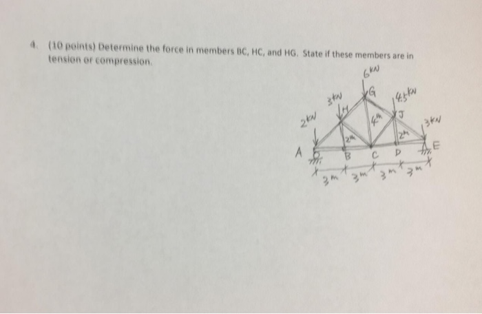 Solved 4. (10 points) Determine the force in members BC, HC, | Chegg.com