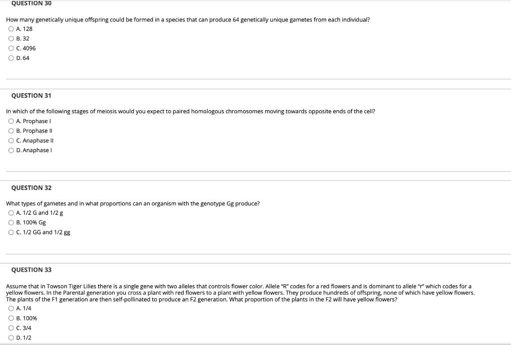 Solved QUESTION 30 How many genetically unique offspring | Chegg.com