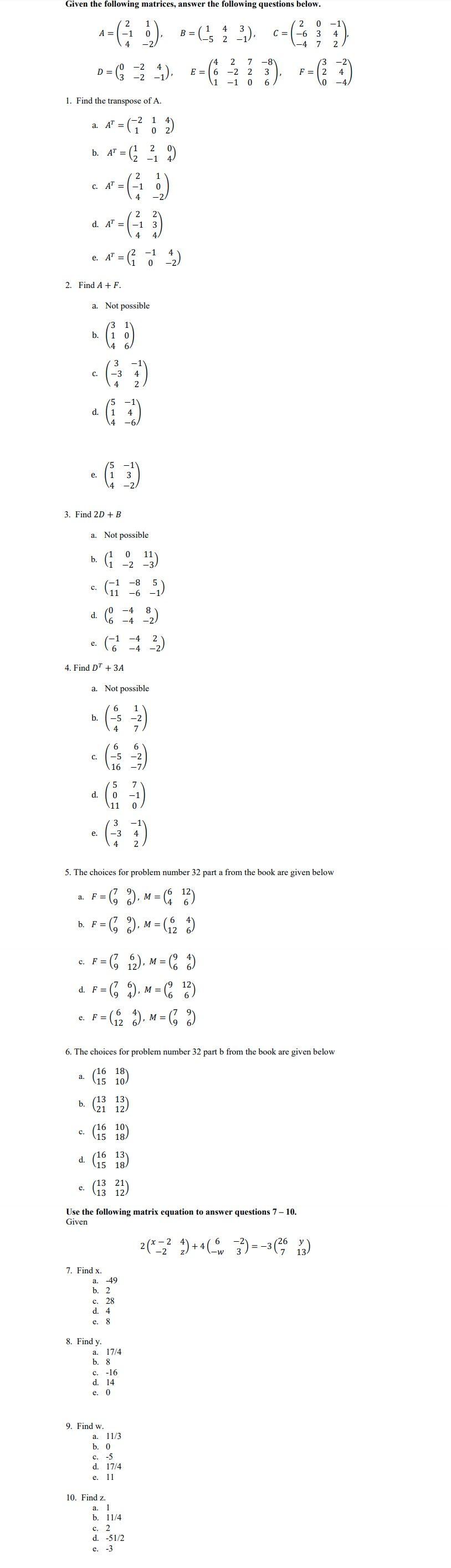 Solved Given the following matrices, answer the following | Chegg.com