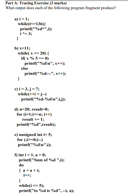 Solved Part A: Tracing Exercise (3 marks) What output does | Chegg.com