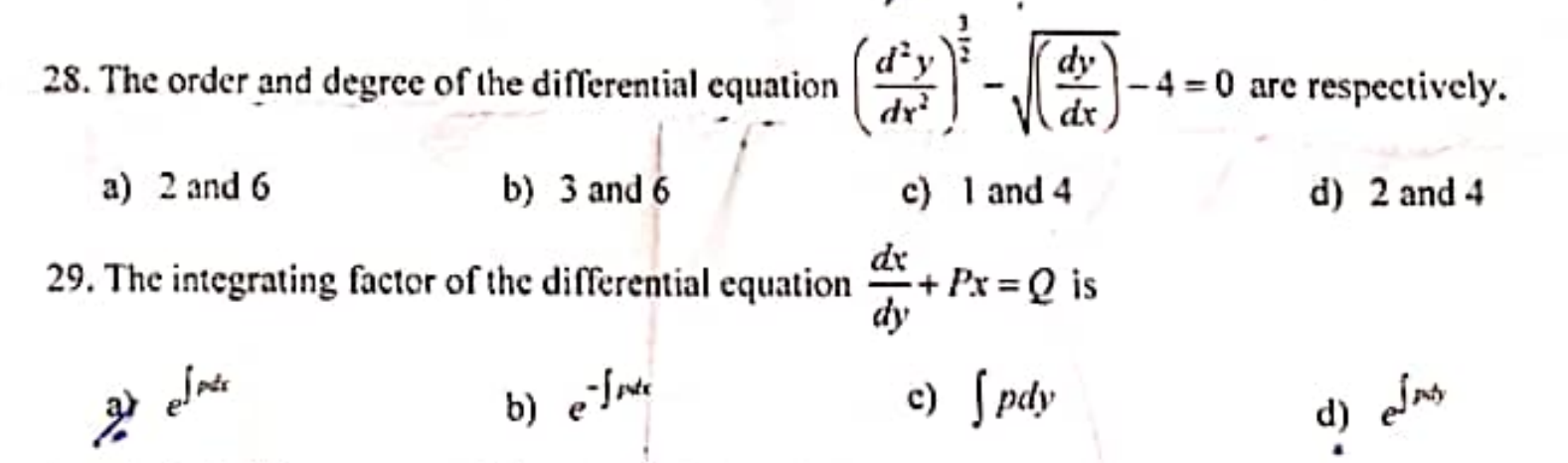 Solved 28. The order and degree of the differential equation | Chegg.com