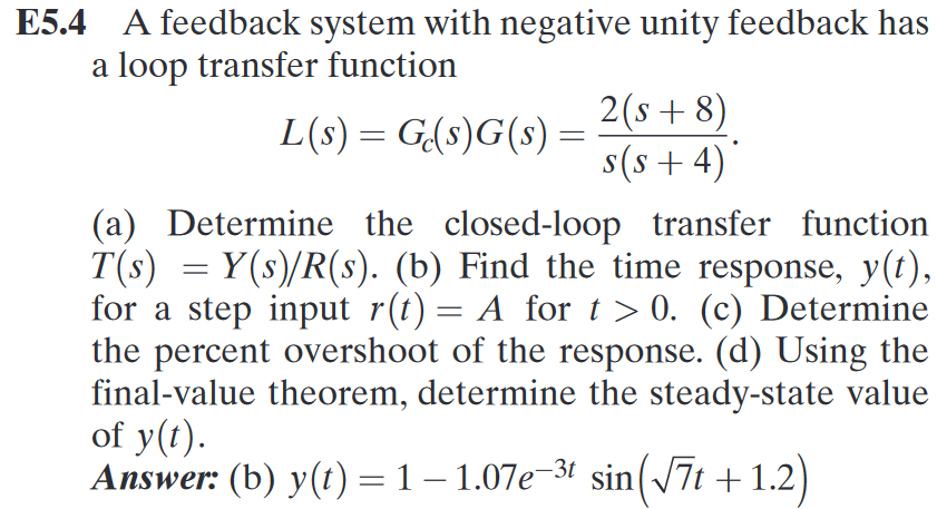 Solved E5.4 A feedback system with negative unity feedback | Chegg.com