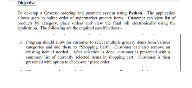 Solved Objective To develop a Grocery ordering and payment | Chegg.com
