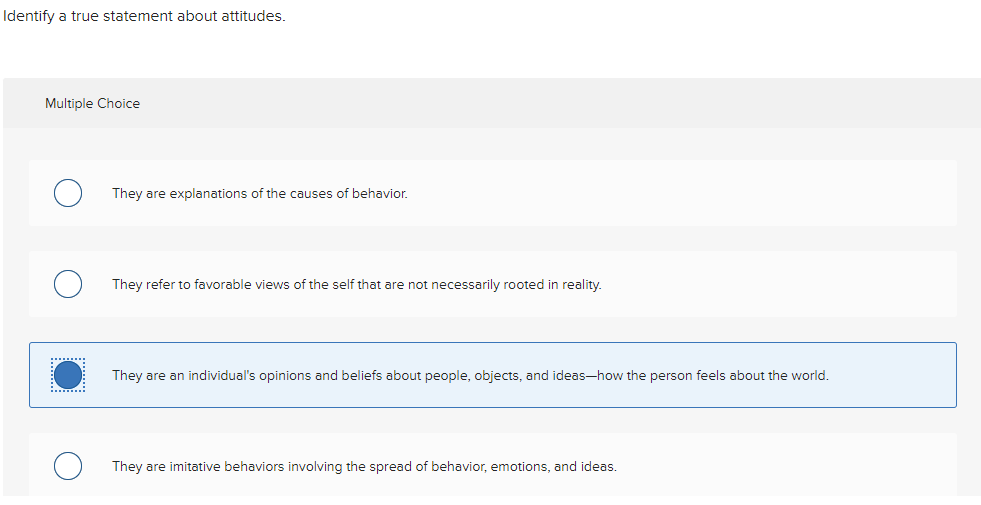 Solved Identify a true statement about attitudes. Multiple | Chegg.com