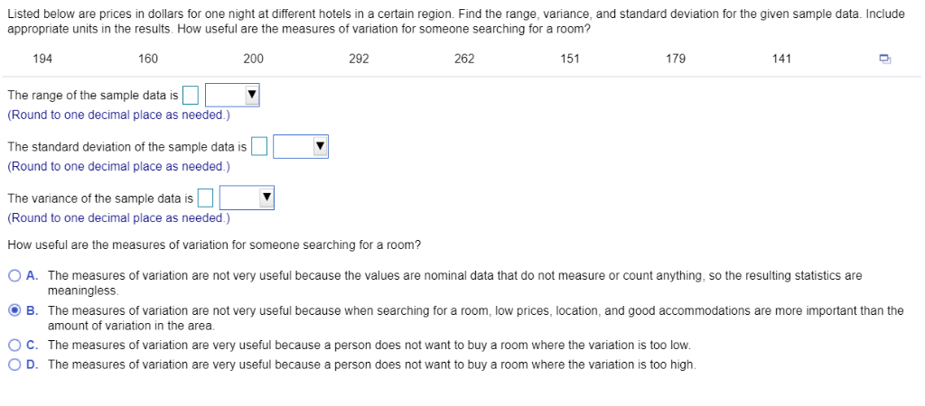 Solved Listed below are prices in dollars for one night at | Chegg.com