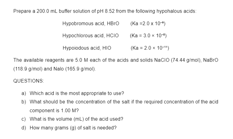 Solved Prepare a 200.0 mL buffer solution of pH 8.52 from | Chegg.com