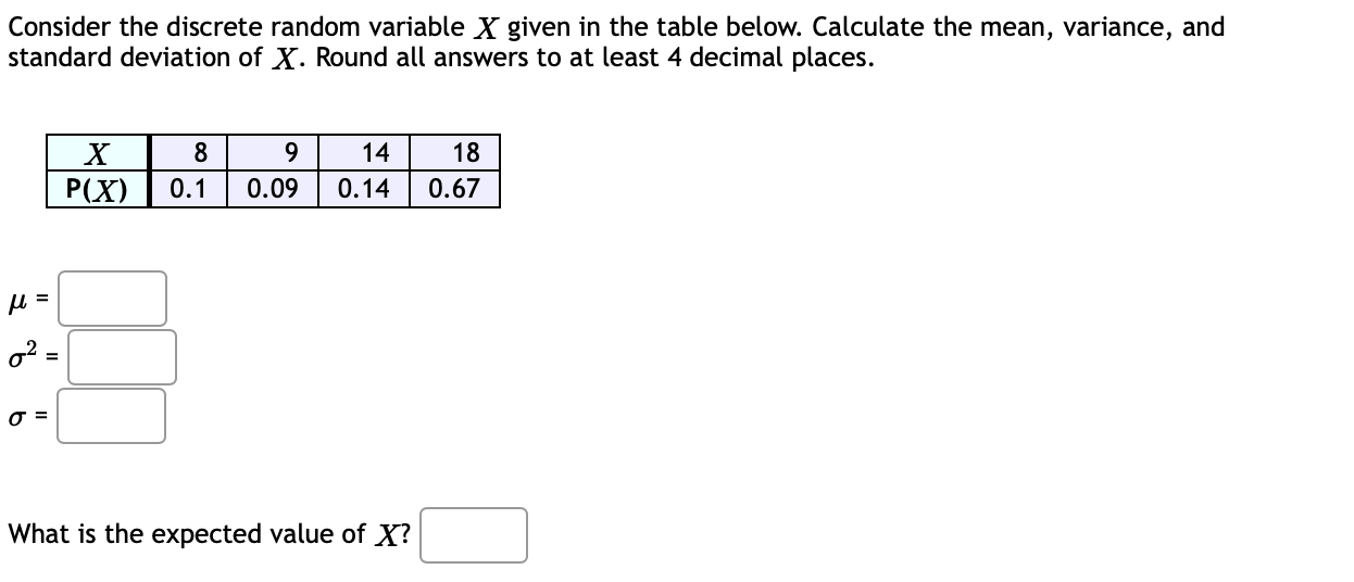 Solved Consider the discrete random variable x ﻿given in the | Chegg.com