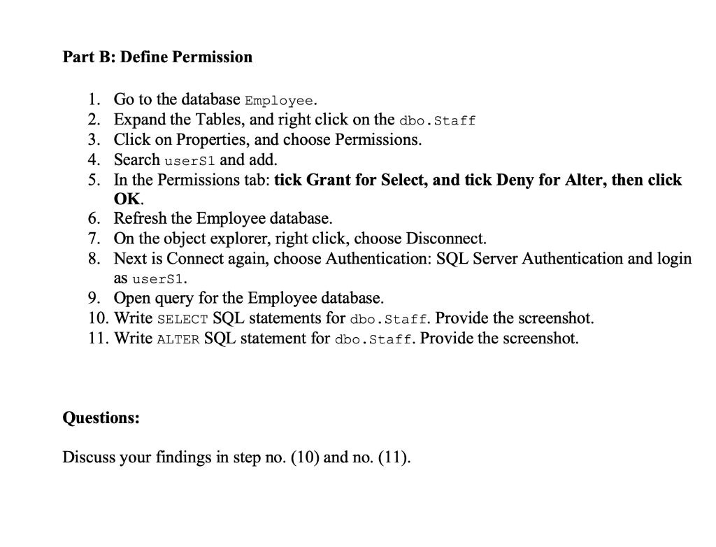 Solved Part B: Define Permission 1. Go to the database | Chegg.com
