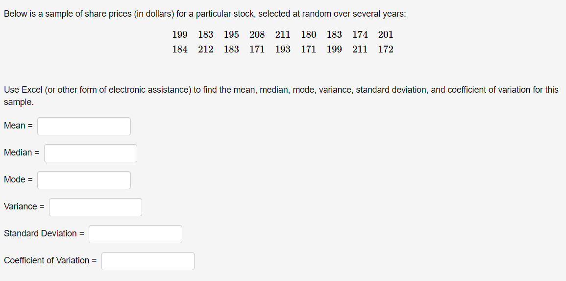 Solved Below is a sample of share prices (in dollars) for a | Chegg.com