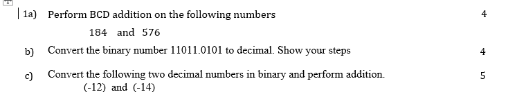 Solved 1a) Perform BCD addition on the following numbers 4 | Chegg.com