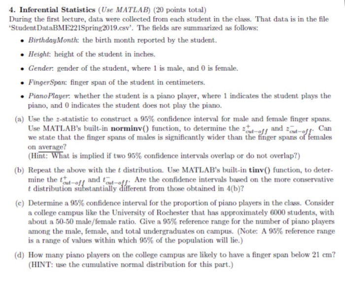 4. Inferential Statistics (Use MATLAB) (20 points | Chegg.com