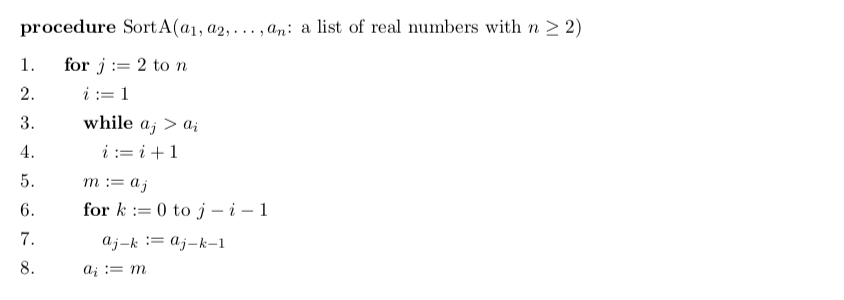 Solved procedure SortA(a1, a2,... , an: a list of real | Chegg.com