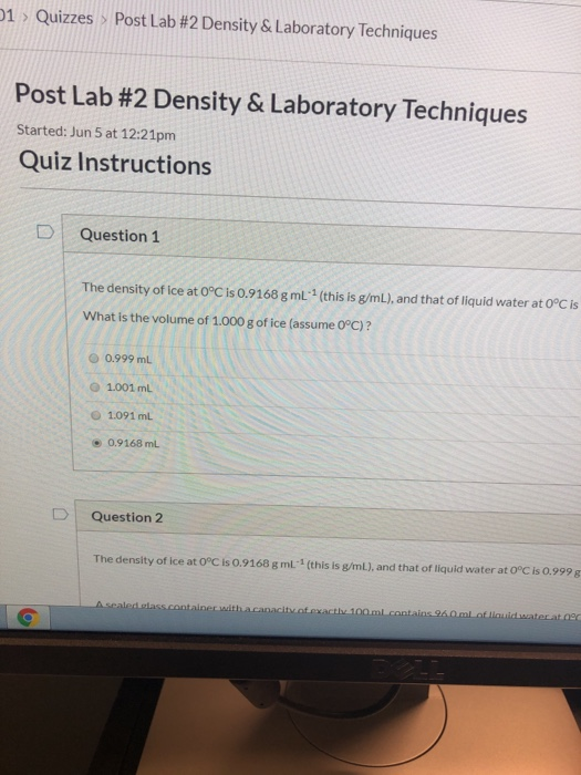 Solved 01 Quizzes Post Lab #2 Density&Laboratory Techniques | Chegg.com