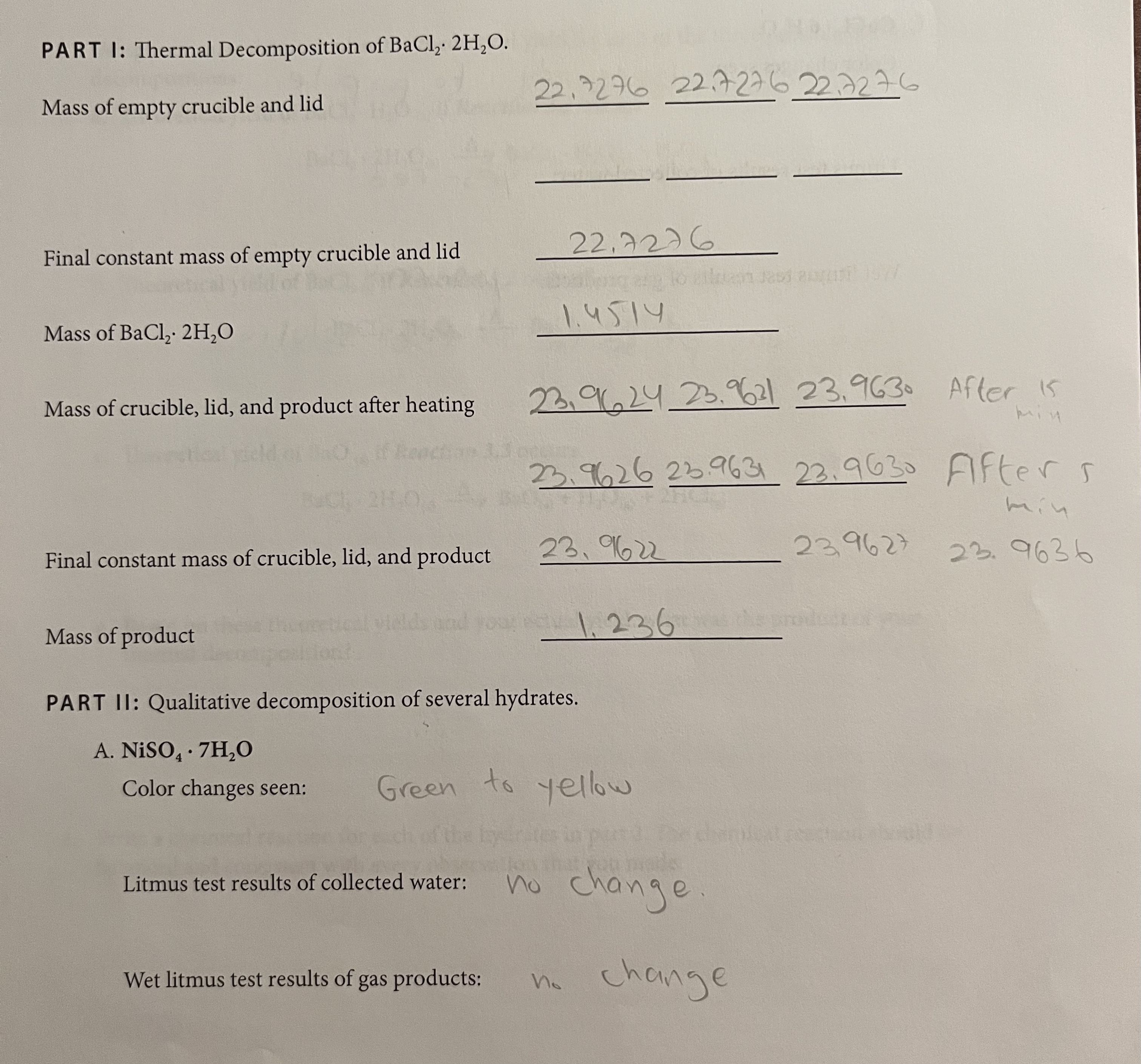 Solved PART I: Thermal Decomposition of BaCl2⋅2H2O. Mass of | Chegg.com