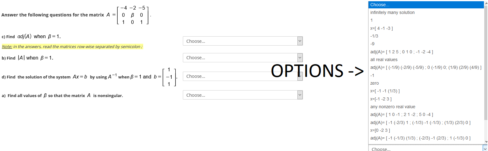 Solved Choose Answer the following questions for the matrix | Chegg.com