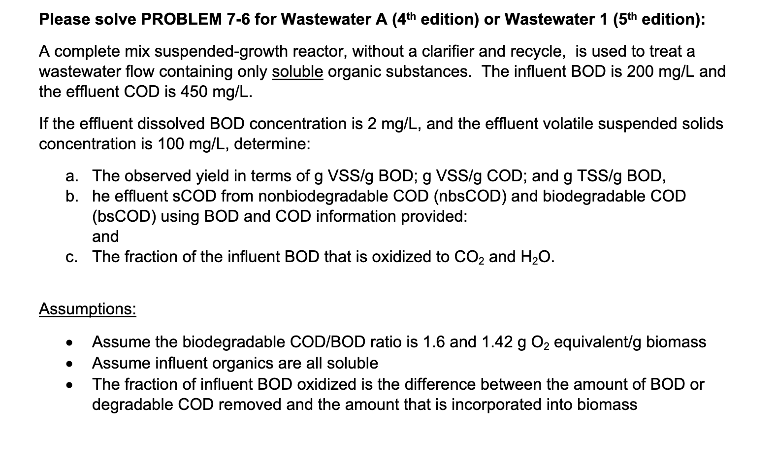 Solved Please solve PROBLEM 7-6 for Wastewater A (4 th | Chegg.com