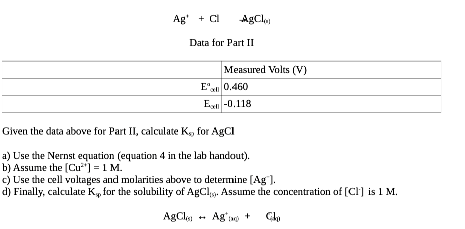 Solved Ag* + Cl AgCl) Data for Part II Measured Volts (V) | Chegg.com