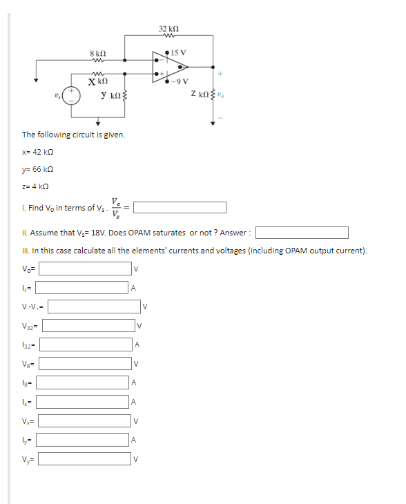 Solved The following circuit is given. x=42kΩy=66kΩz=4kΩ i. | Chegg.com