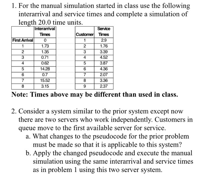 1. For the manual simulation started in class use the | Chegg.com
