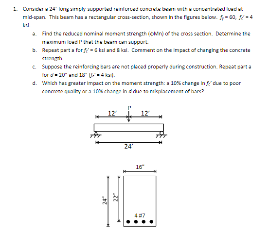 Solved 1. Consider a 24'-long simply-supported reinforced | Chegg.com
