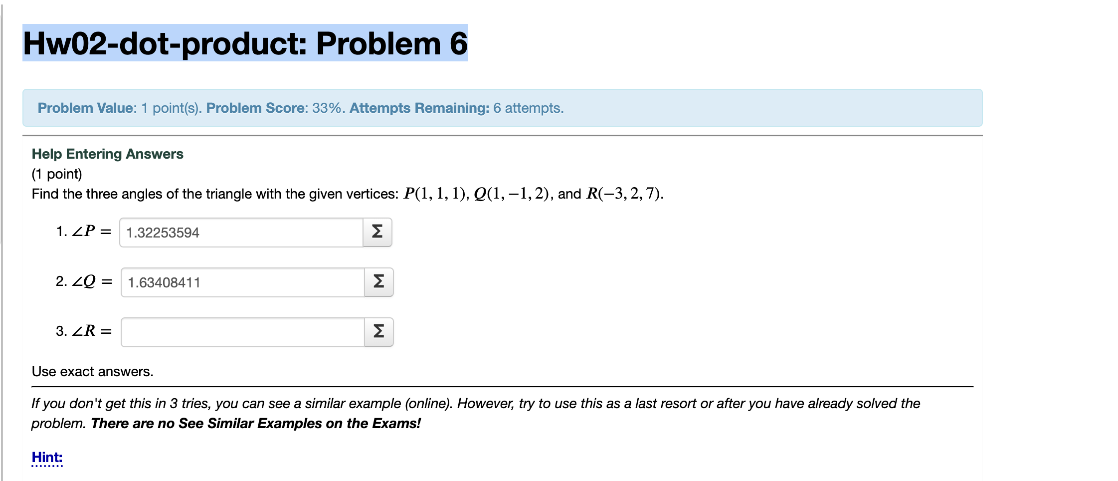Solved Use exact answers. If you don't get this in 3 tries, | Chegg.com