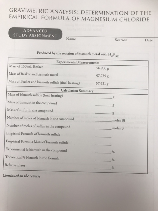 Solved GRAVIMETRIC ANALYSIS: DETERMINATION OF THE EMPIRICAL | Chegg.com