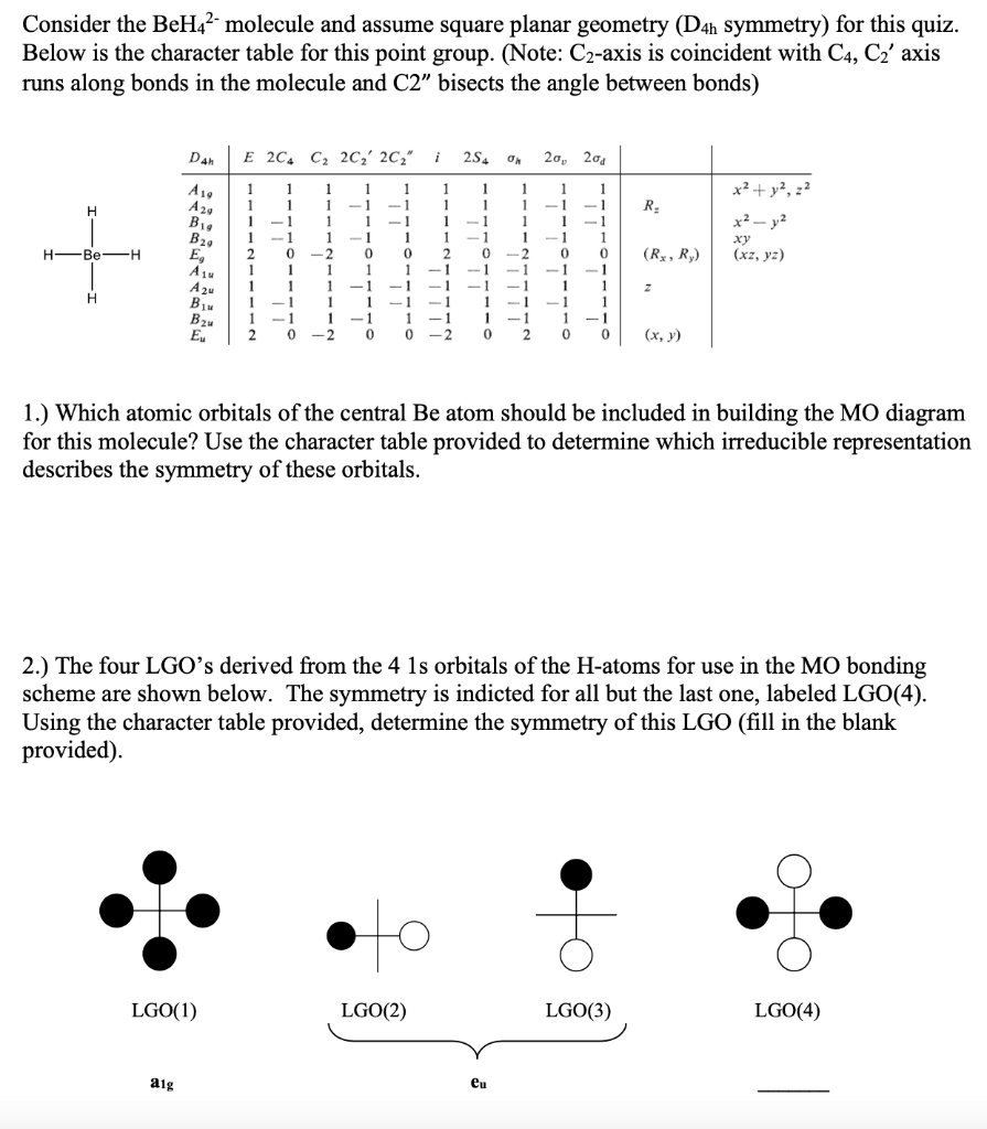 Solved Consider the BeH42− molecule and assume square planar | Chegg.com