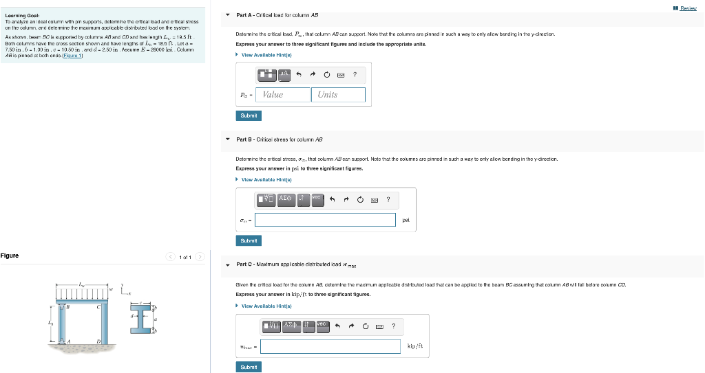 Solved Review Part A-Critical load for column AB Learning | Chegg.com