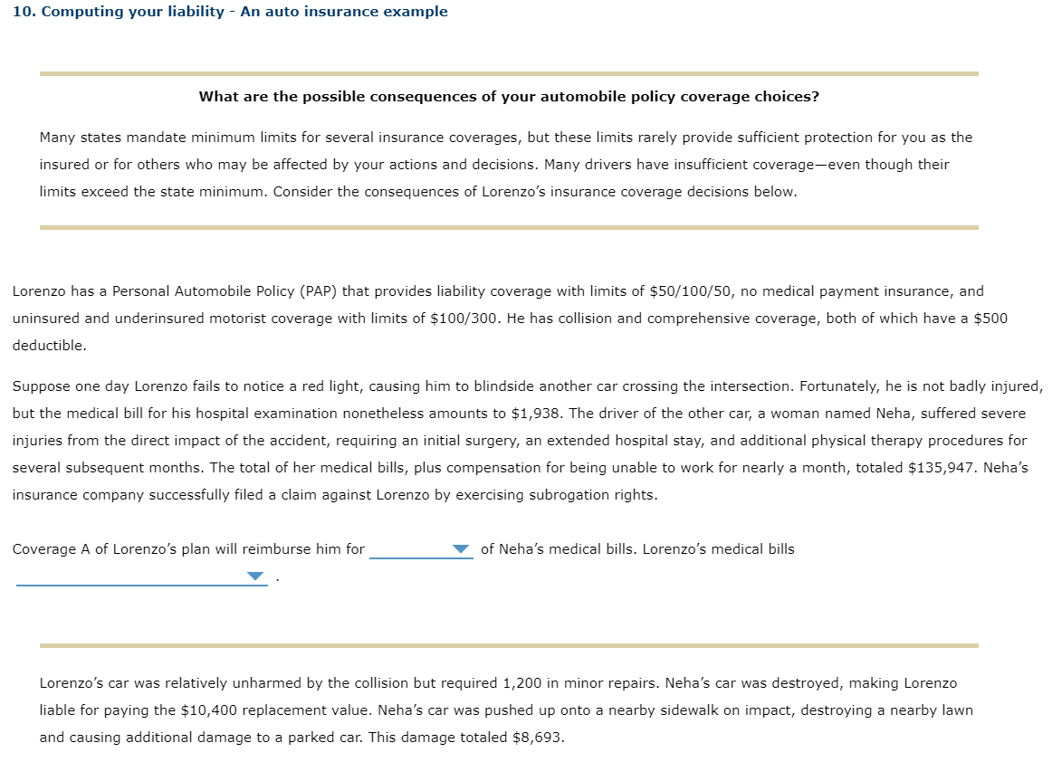 Solved 10. Computing your liability - An auto insurance | Chegg.com