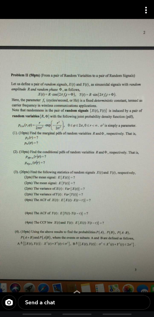 Problem II (50pts) (From a pair of Random Variables | Chegg.com