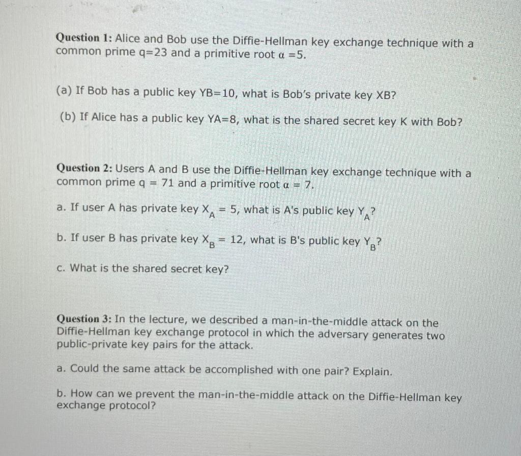 Solved Question 1 Alice And Bob Use The Diffie Hellman Key