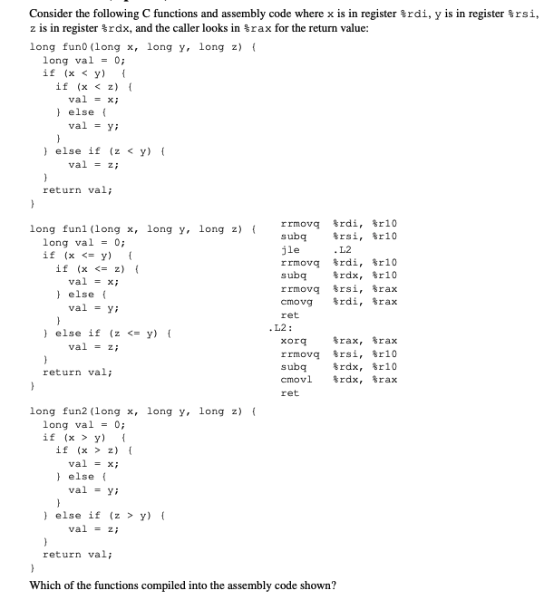 Solved Consider the following C functions and assembly code | Chegg.com