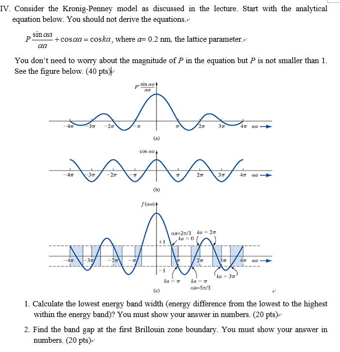Solved IV. Consider the Kronig-Penney model as discussed in | Chegg.com
