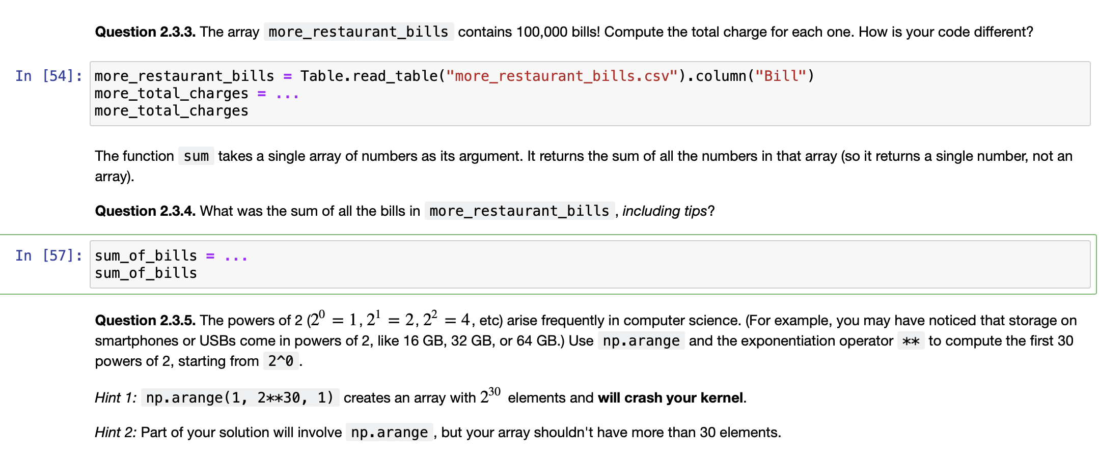 Solved Question 2.3.3. The array more_restaurant_bills | Chegg.com