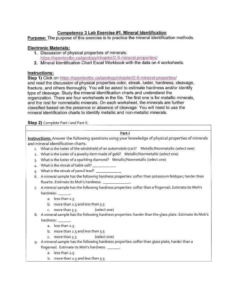 Solved Competency 3 Lab Exercise \#1. Mineral Identification | Chegg.com