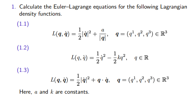 Solved 1. Calculate the Euler-Lagrange equations for the | Chegg.com